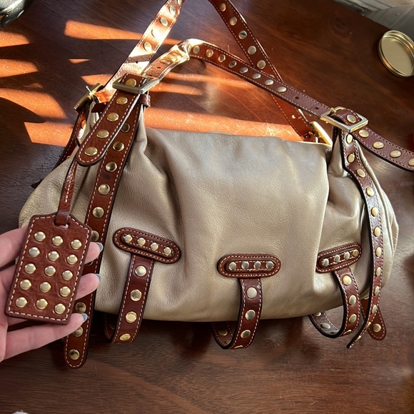 Be & D | Bags | Be D Satchel Gold And Tan Studded Leather Shoulder Bag ...